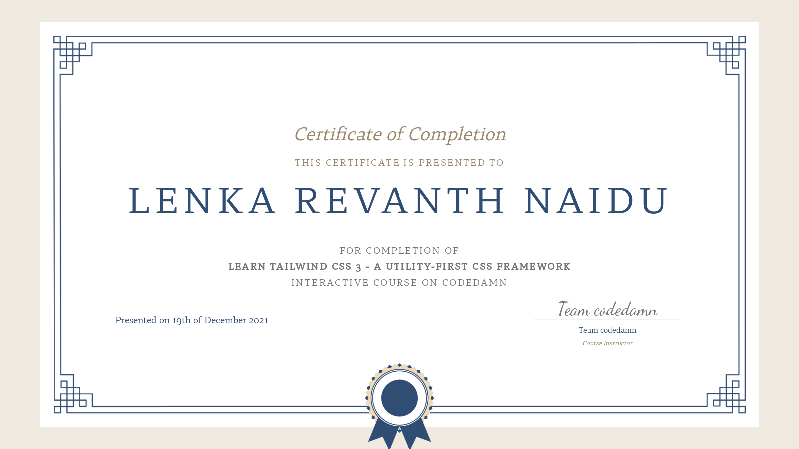 Lenka Revanth Naidu's certification for Learn Tailwind CSS 3 - A ...