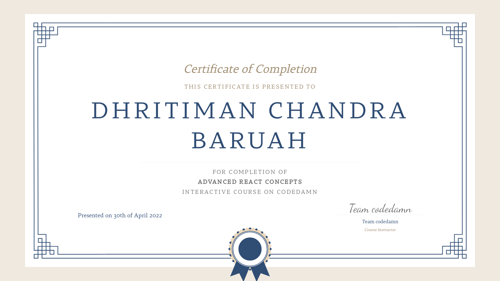 Dhritiman Chandra Baruah's certification for Advanced React Concepts ...