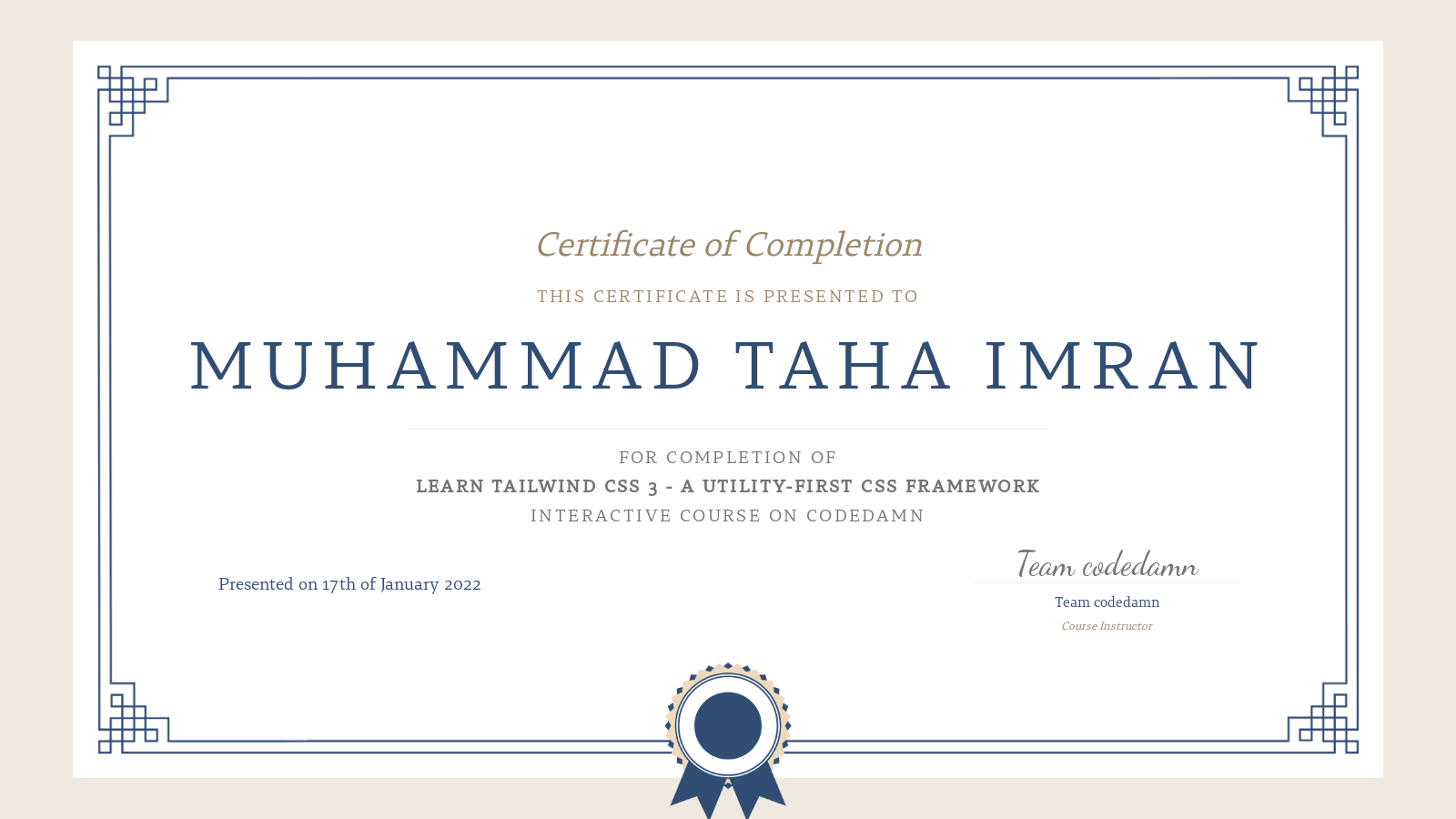 Muhammad Taha Imran's certification for Learn Tailwind CSS 3 - A utility-first CSS framework ...