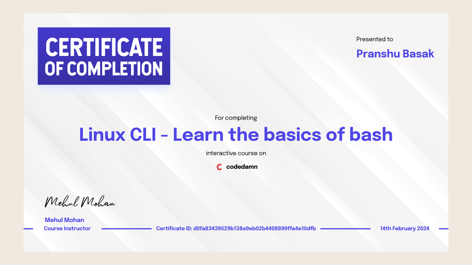 Pranshu Basak's certification for Linux CLI - Learn the basics of bash | codedamn