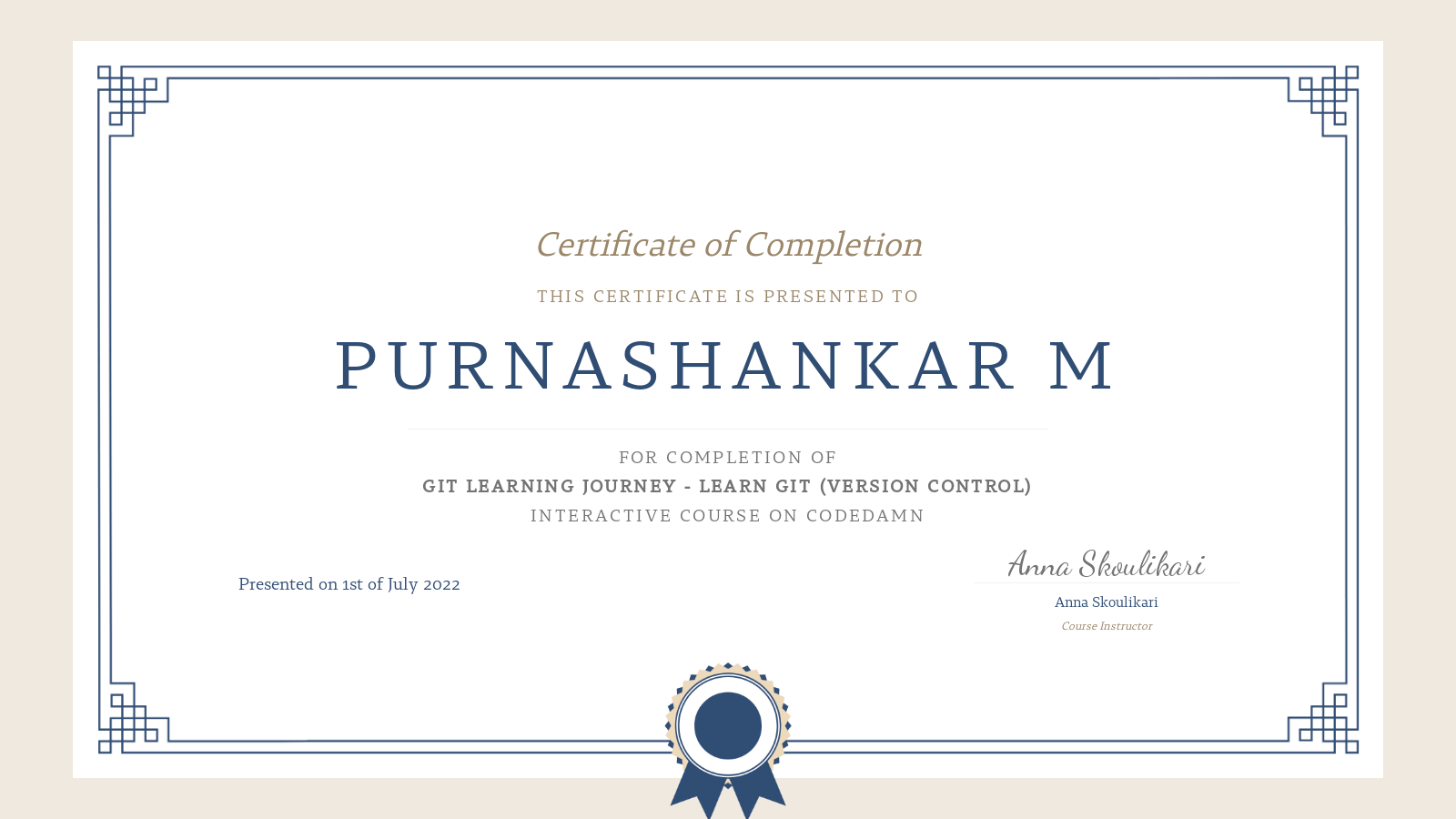 Purnashankar M's certification for Git Learning Journey - Learn Git (Version Control) | codedamn