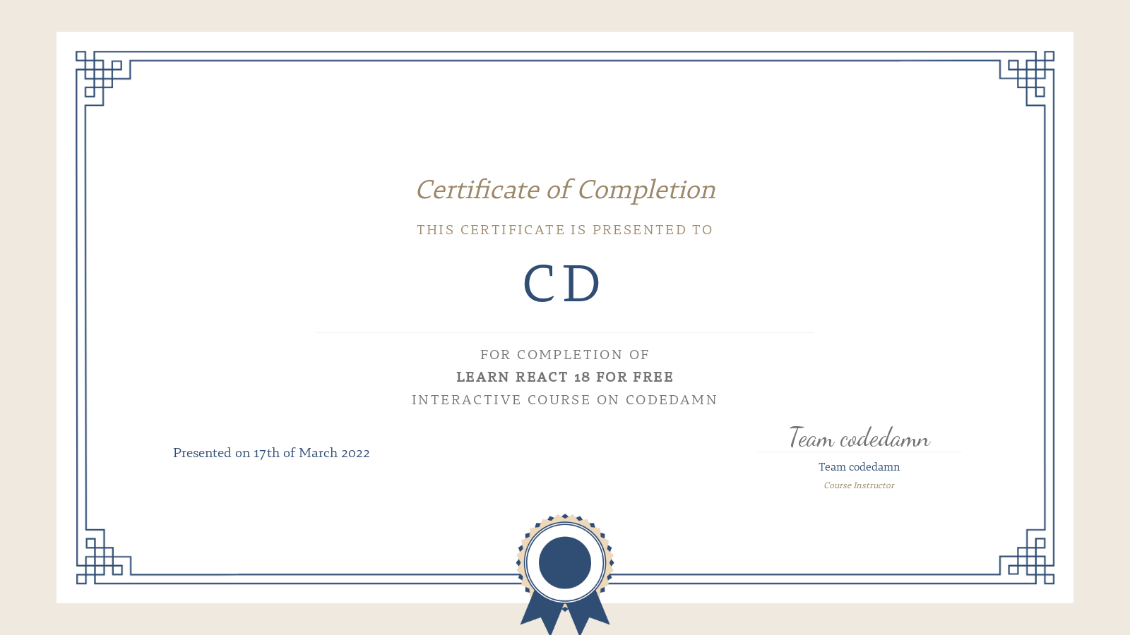 cd's certification for Learn React 18 for free | codedamn