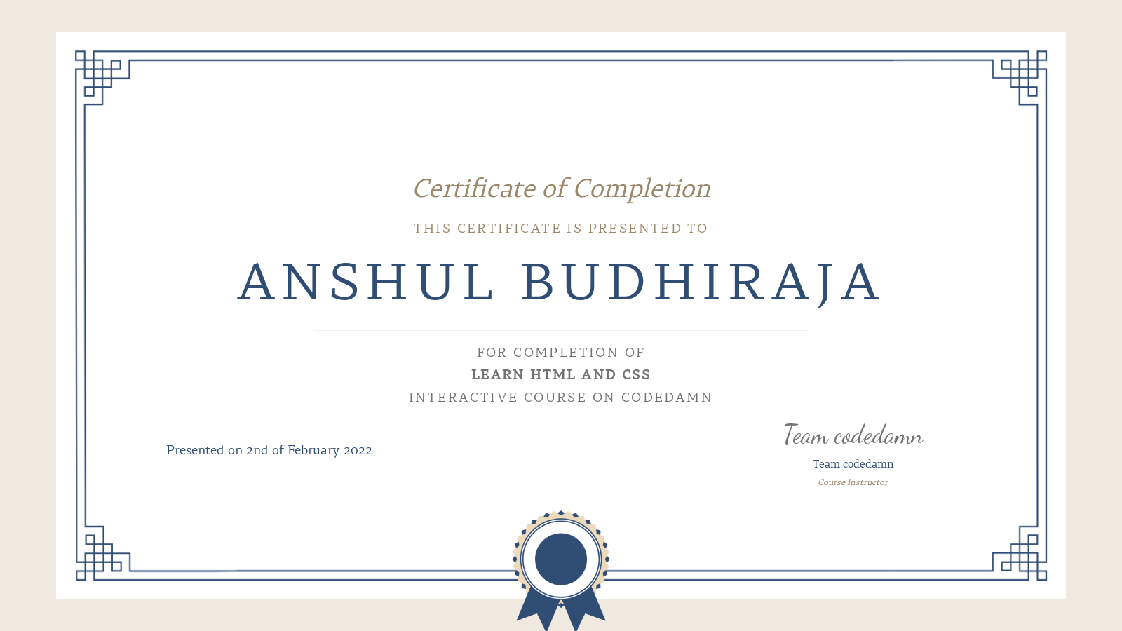 Anshul Budhirajas Certification For Learn Html And Css 2023 Ready Codedamn 