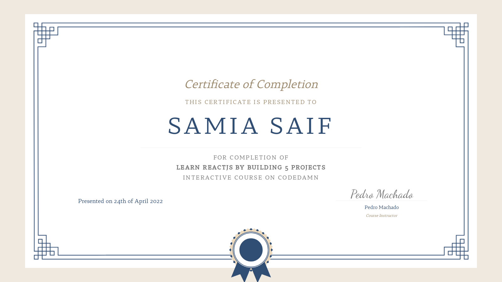 samia saif's certification for Learn ReactJS by Building 5 Projects | codedamn