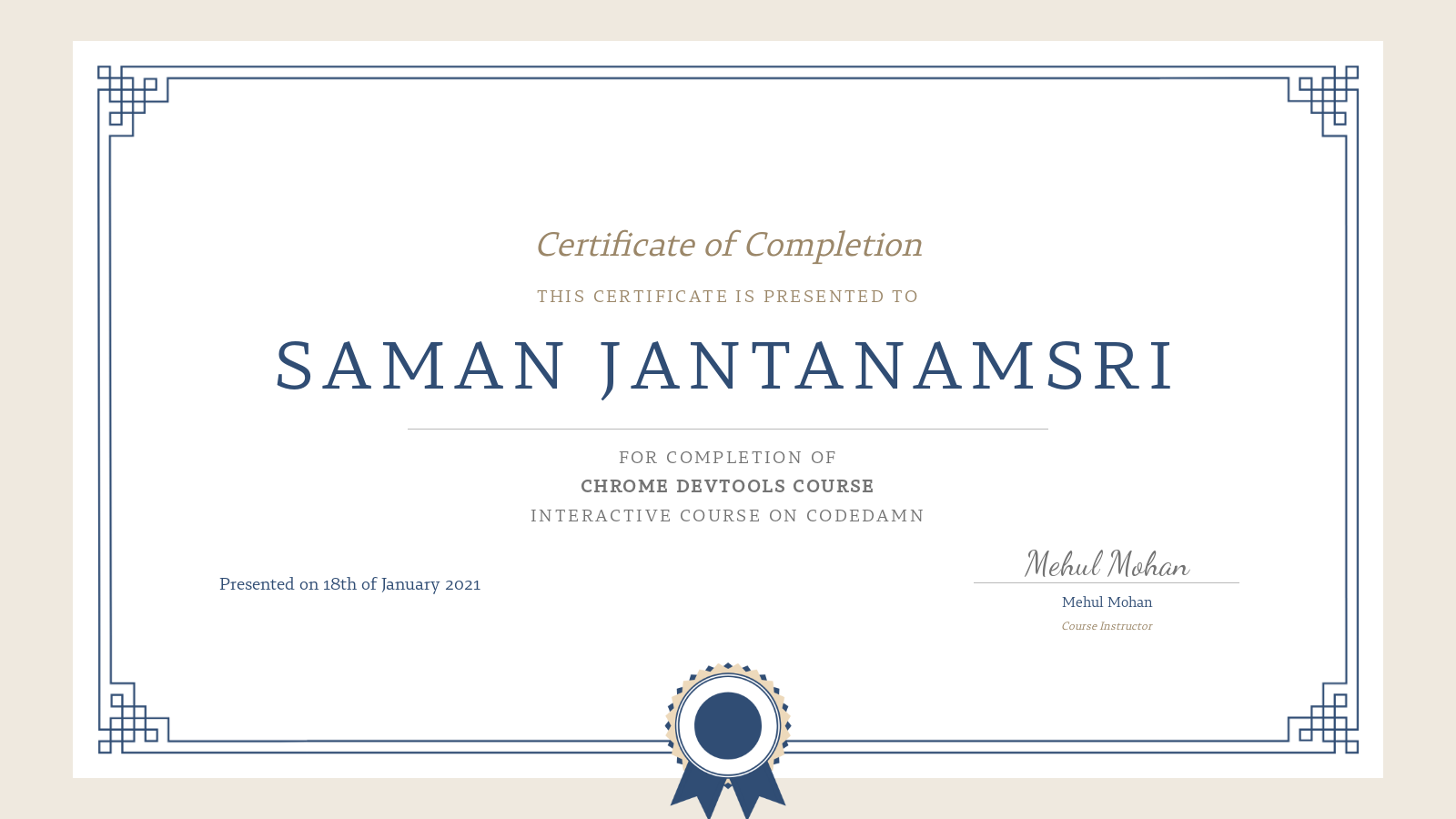 Saman Jantanamsri's certification for Chrome DevTools Course | codedamn