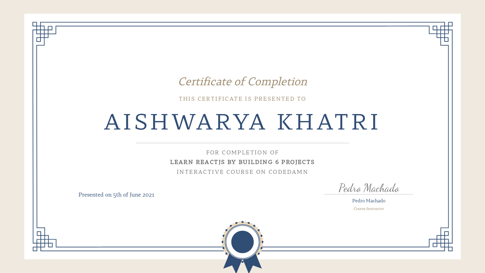 Aishwarya Khatri's certification for Learn ReactJS by Building 5 Projects | codedamn
