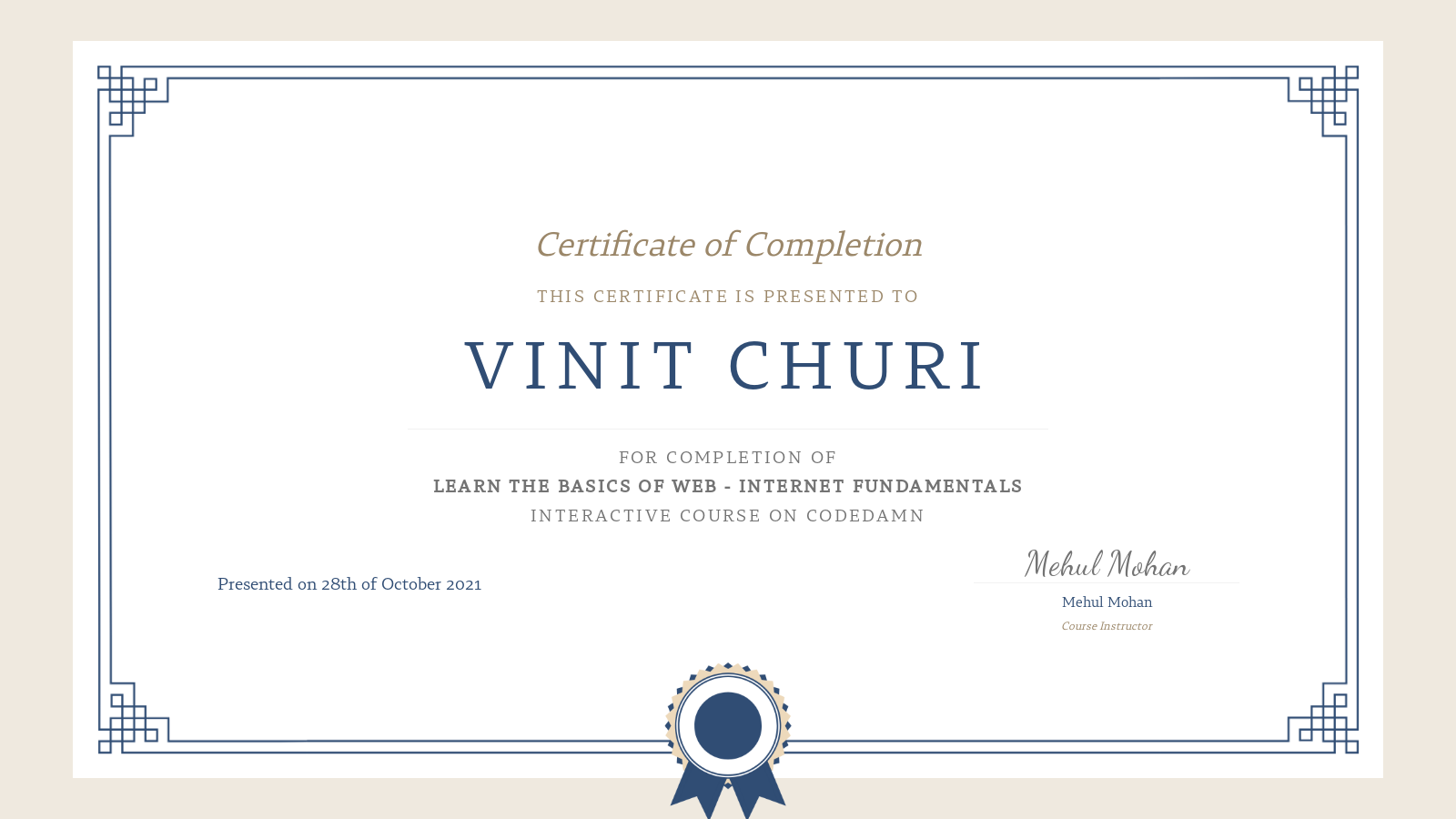 Vinit Churi's certification for Learn the basics of web - Internet fundamentals | codedamn