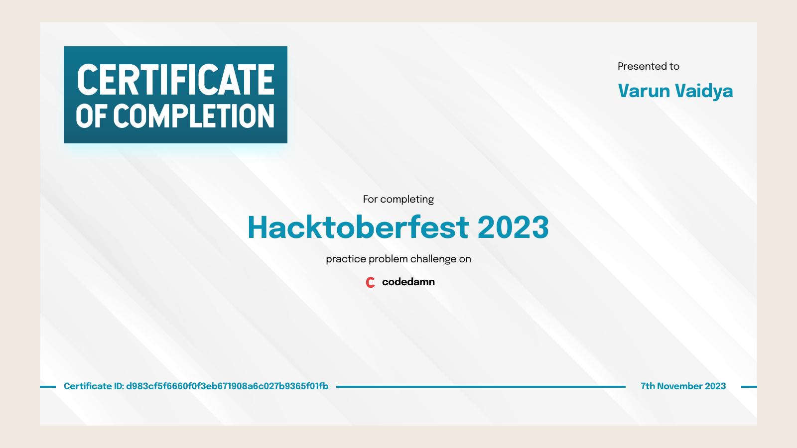 Varun Vaidya's certification for Hacktoberfest 2023 | codedamn