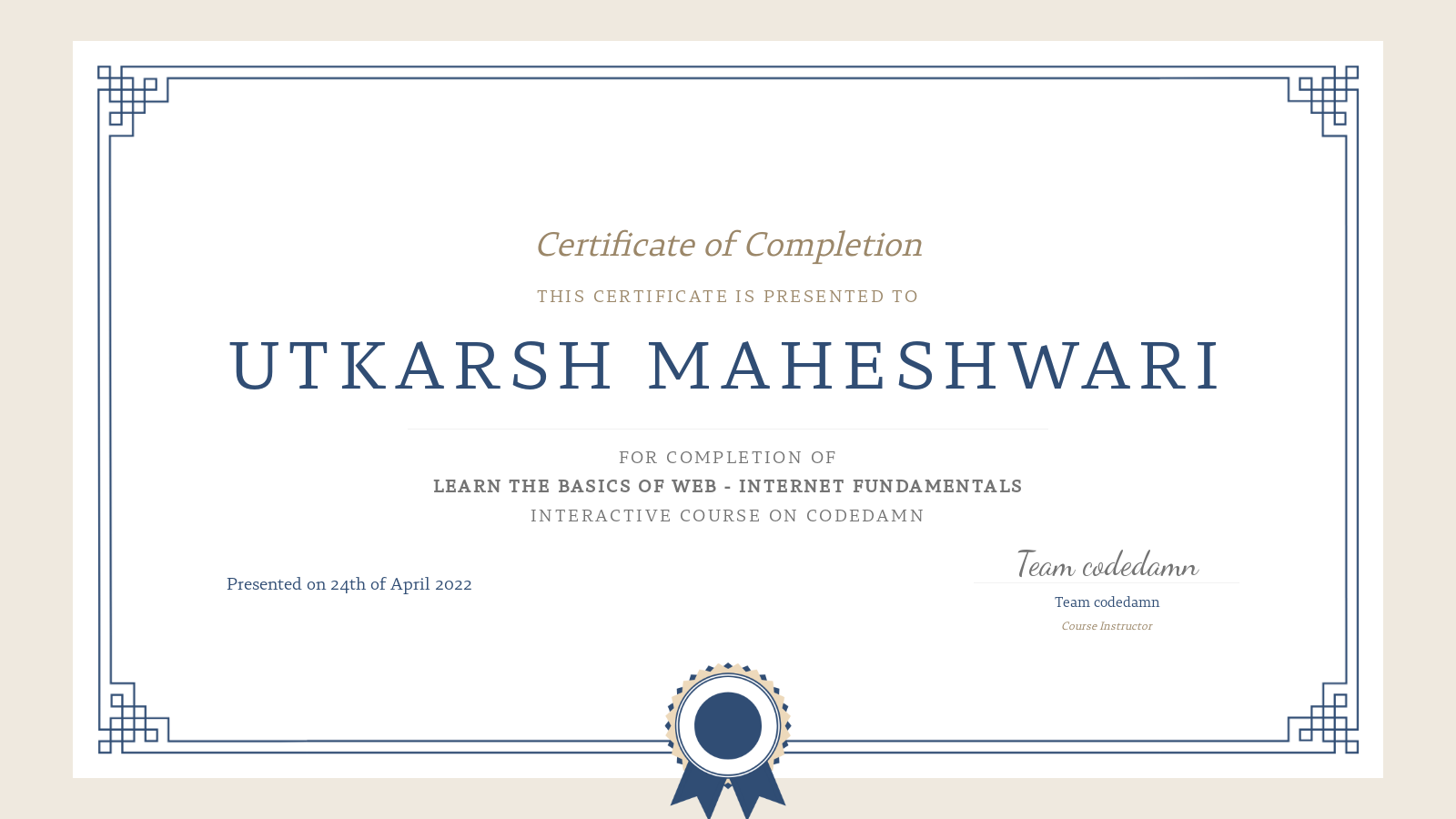 Utkarsh Maheshwari S Certification For Learn The Basics Of Web Internet Fundamentals Codedamn