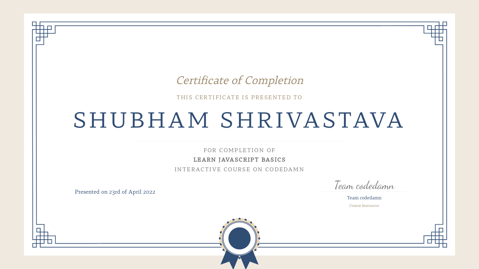 Shubham Shrivastavas Certification For Learn Javascript Basics Codedamn