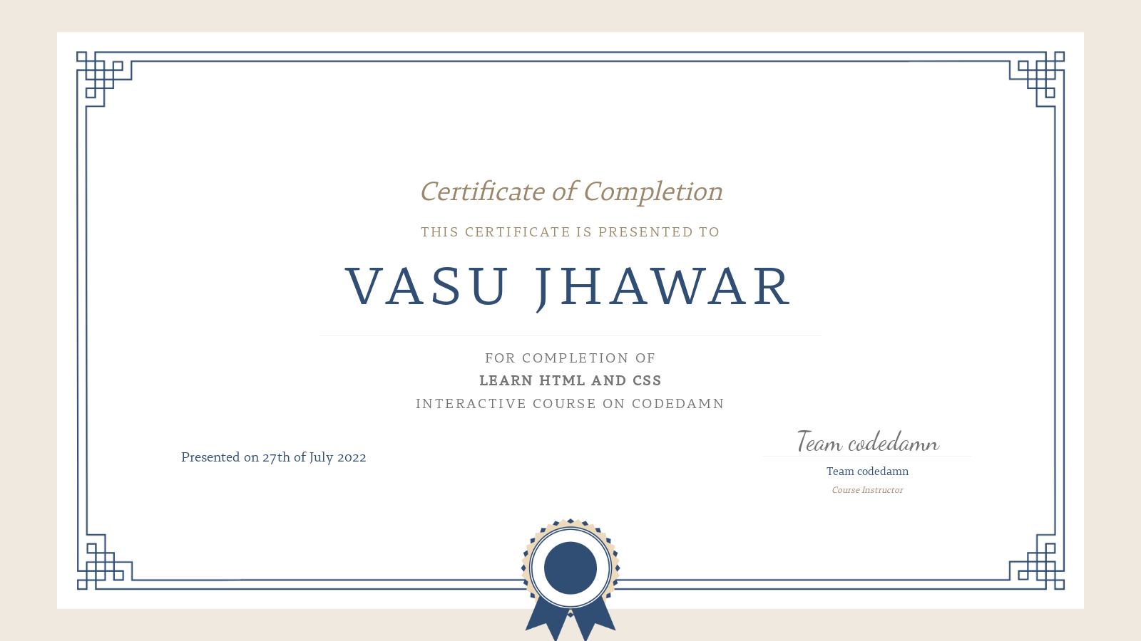 Vasu Jhawar's certification for Learn HTML and CSS | codedamn