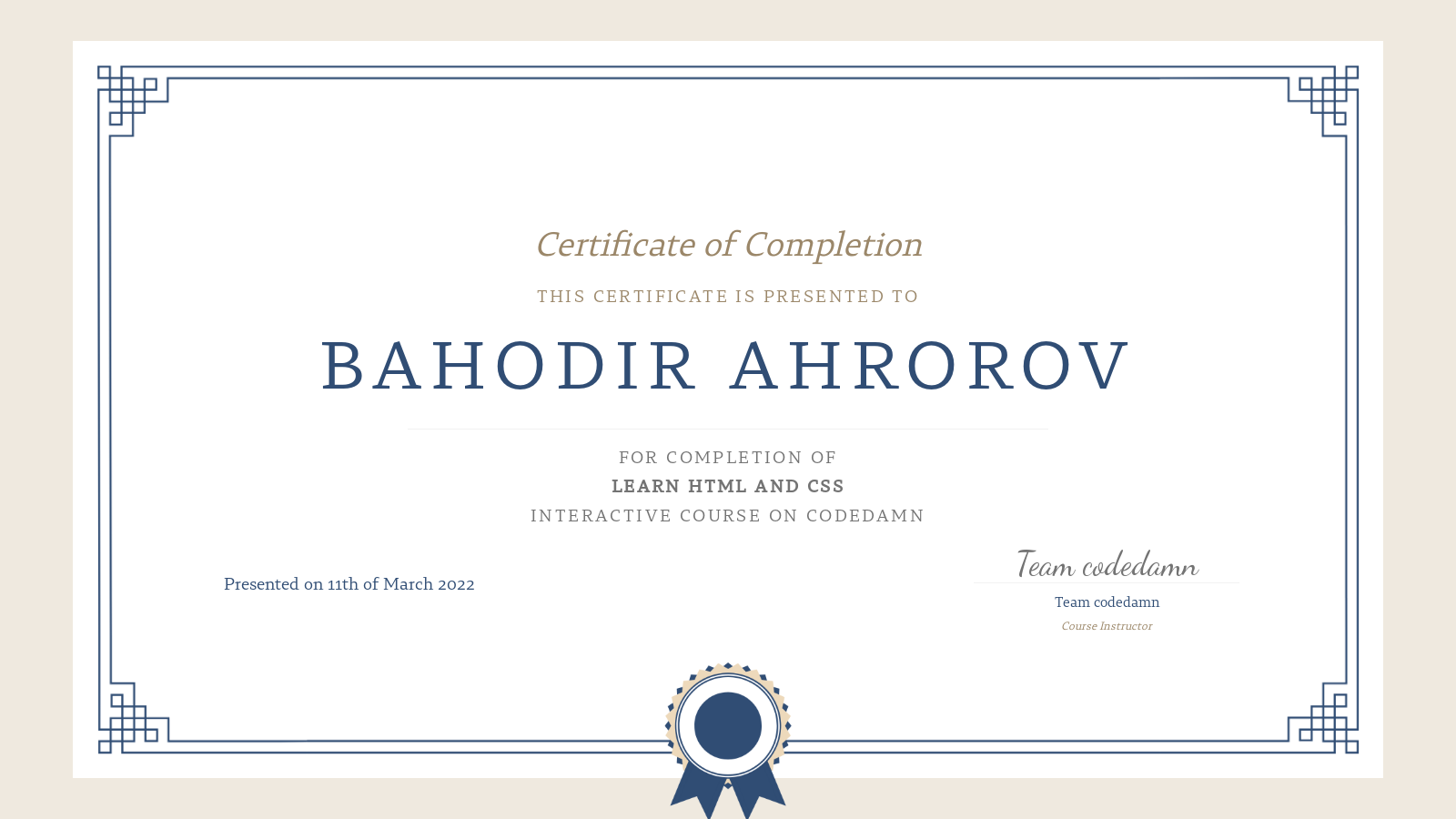 Bahodir Ahrorov S Certification For Learn Html And Css [2023 Ready] Codedamn