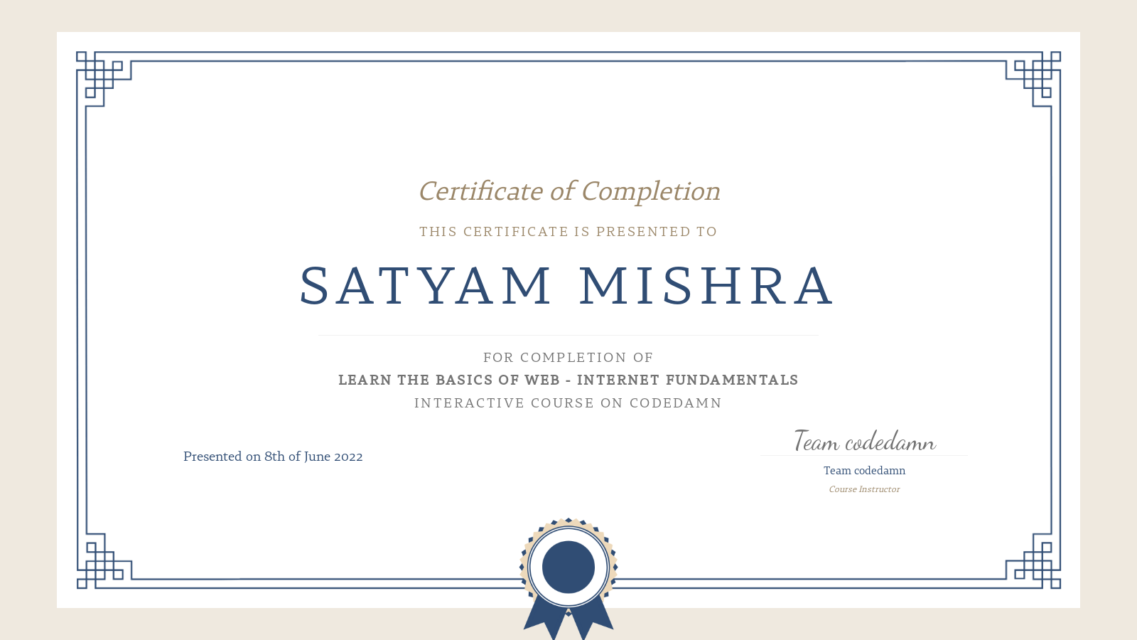 Satyam Mishras Certification For Learn The Basics Of Web Internet Fundamentals Codedamn