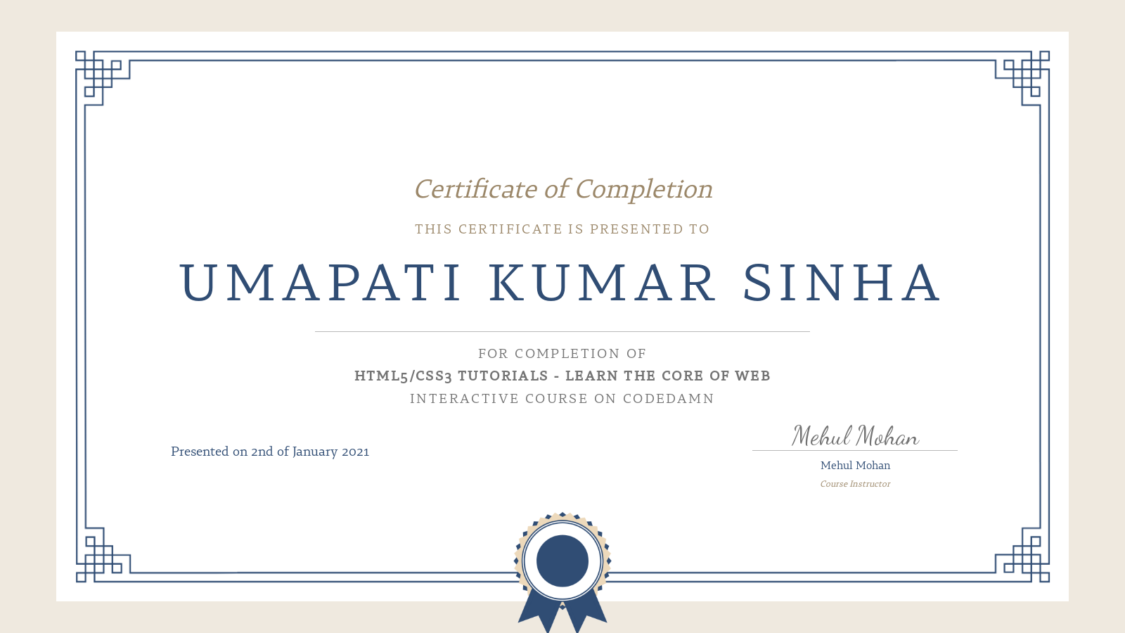 Umapati Kumar Sinha's certification for Learn HTML and CSS [2024 Ready ... Umapati Kumar Sinha's certification for Learn HTML and CSS [2024 Ready ...