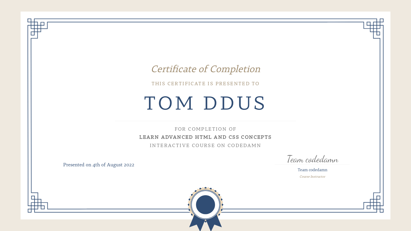 Tom Dduss Certification For Learn Advanced Html And Css Concepts Updated 2023 Codedamn