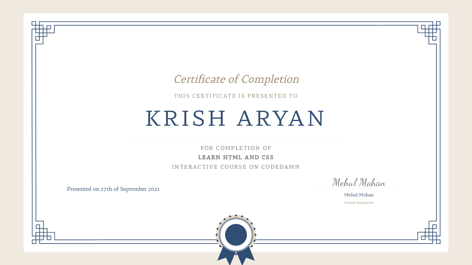Krish Aryans Certification For Learn Html And Css 2023 Ready Codedamn 