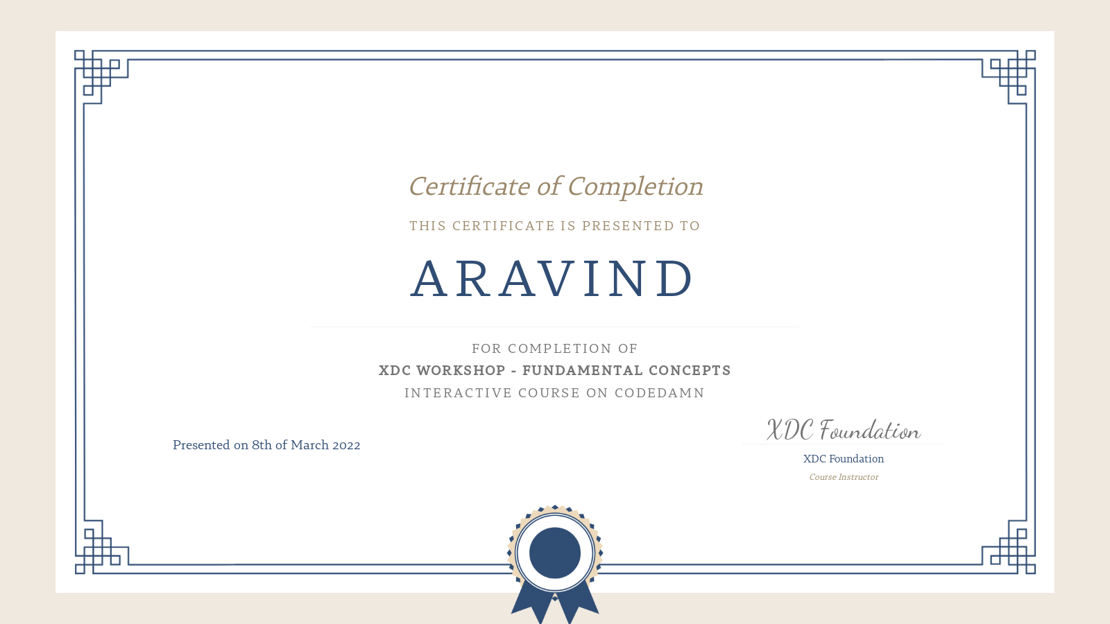 Aravind's certification for XDC Workshop - Fundamental Concepts | codedamn