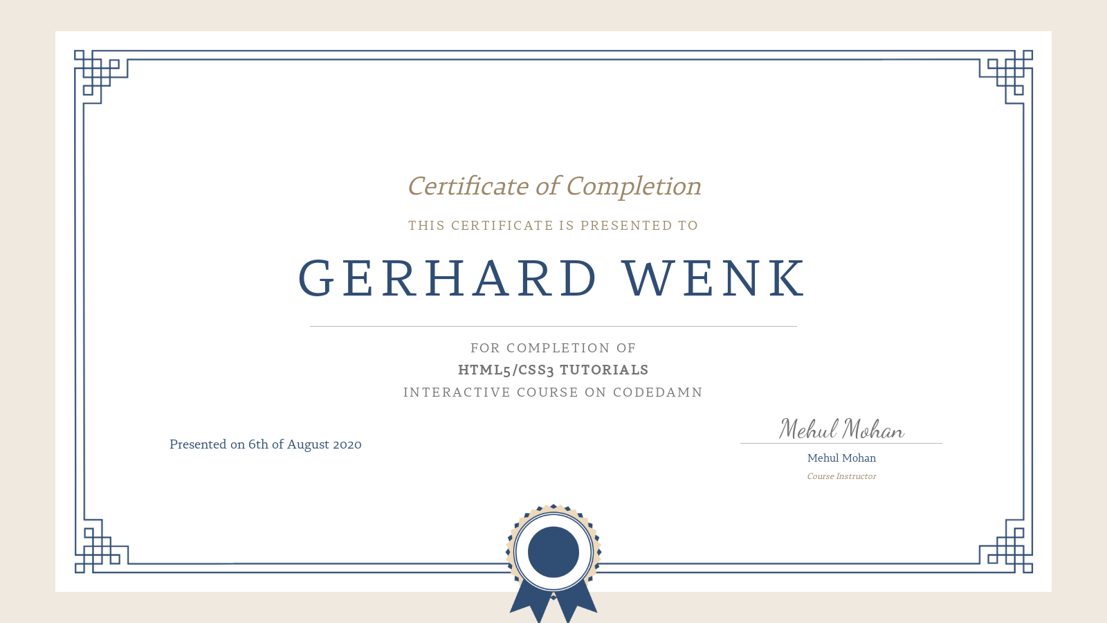 Gerhard Wenks Certification For Learn Html And Css 2023 Ready Codedamn 