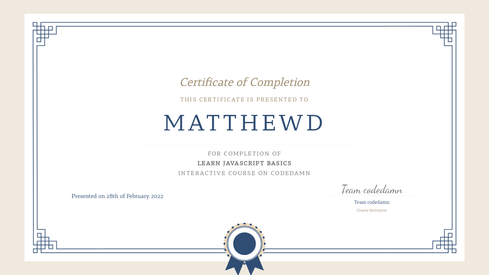 Matthewds Certification For Learn Javascript Basics Codedamn 6785