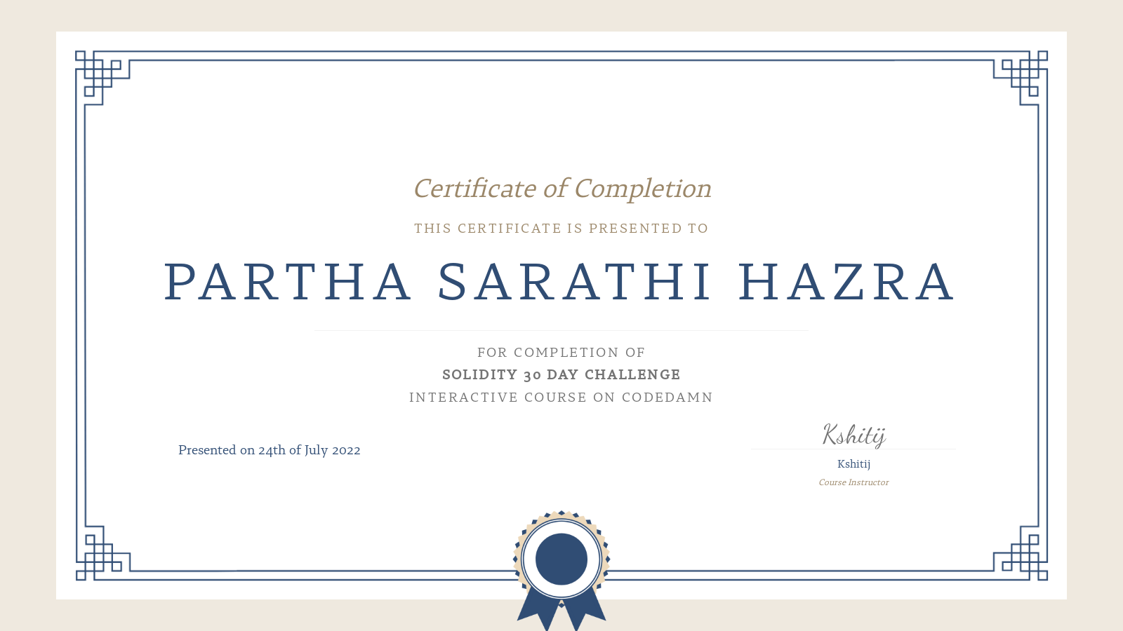 Partha Sarathi Hazra's certification for Solidity 30 day challenge | codedamn