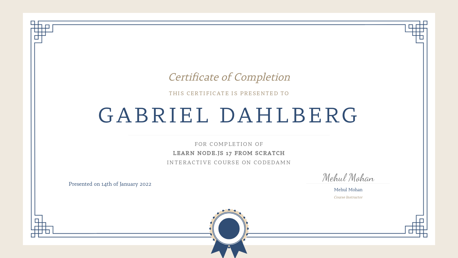 Gabriel Dahlberg's certification for Learn Node.js From Scratch | codedamn