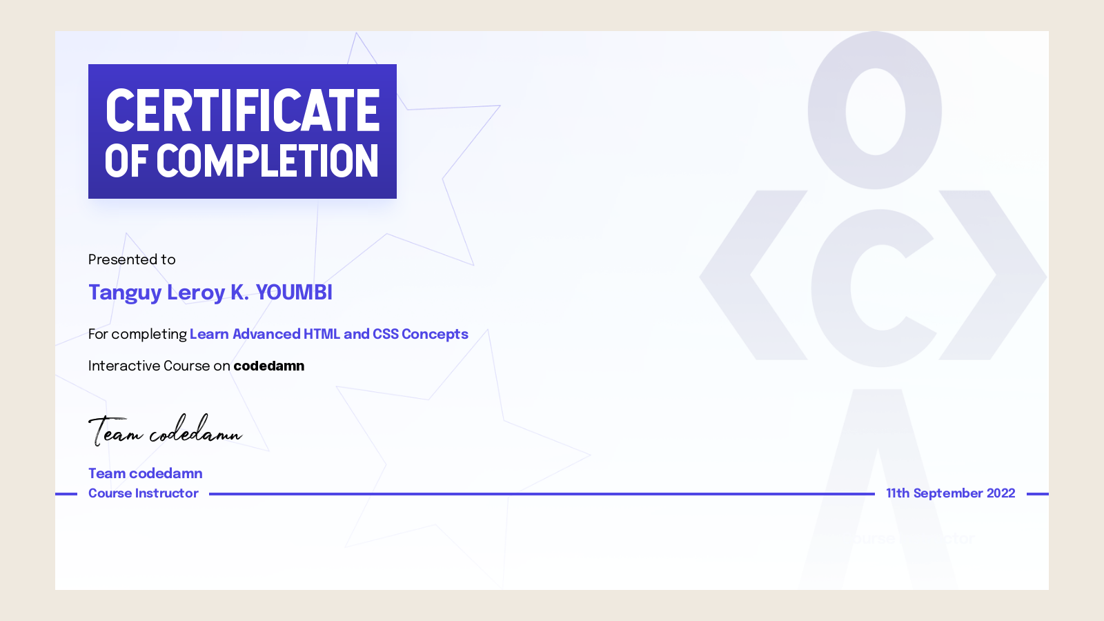 Tanguy Leroy K. YOUMBI's certification for Learn Advanced HTML and CSS Concepts [Updated - 2023 ...