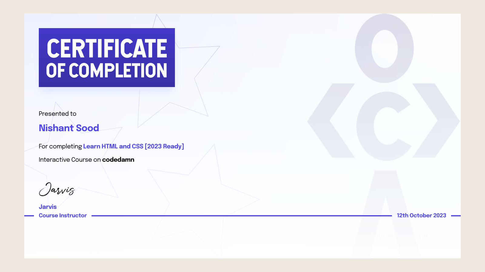Nishant Soods Certification For Learn Html And Css 2023 Ready Codedamn 1766