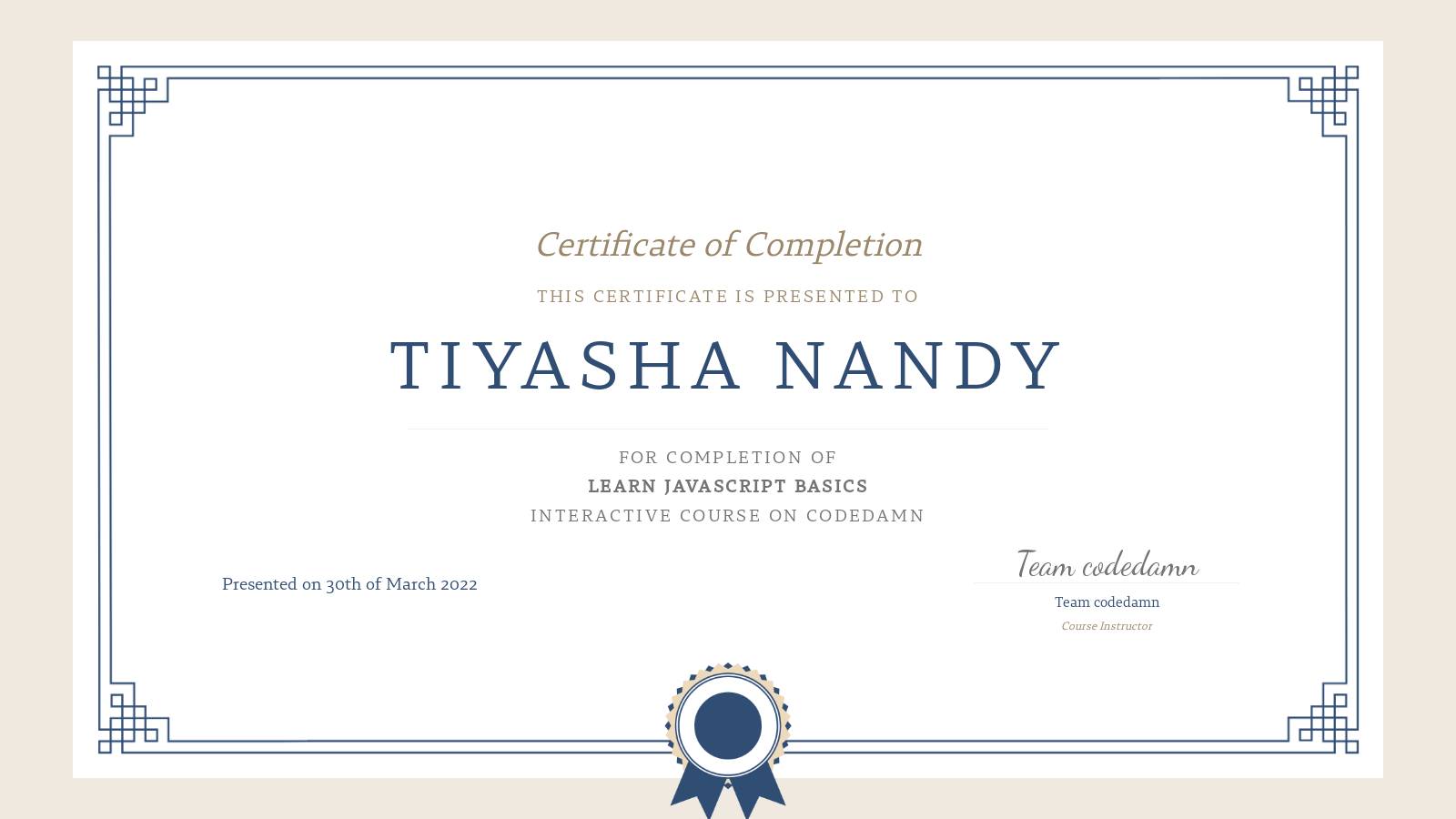 Tiyasha Nandy's certification for Learn JavaScript Basics | codedamn