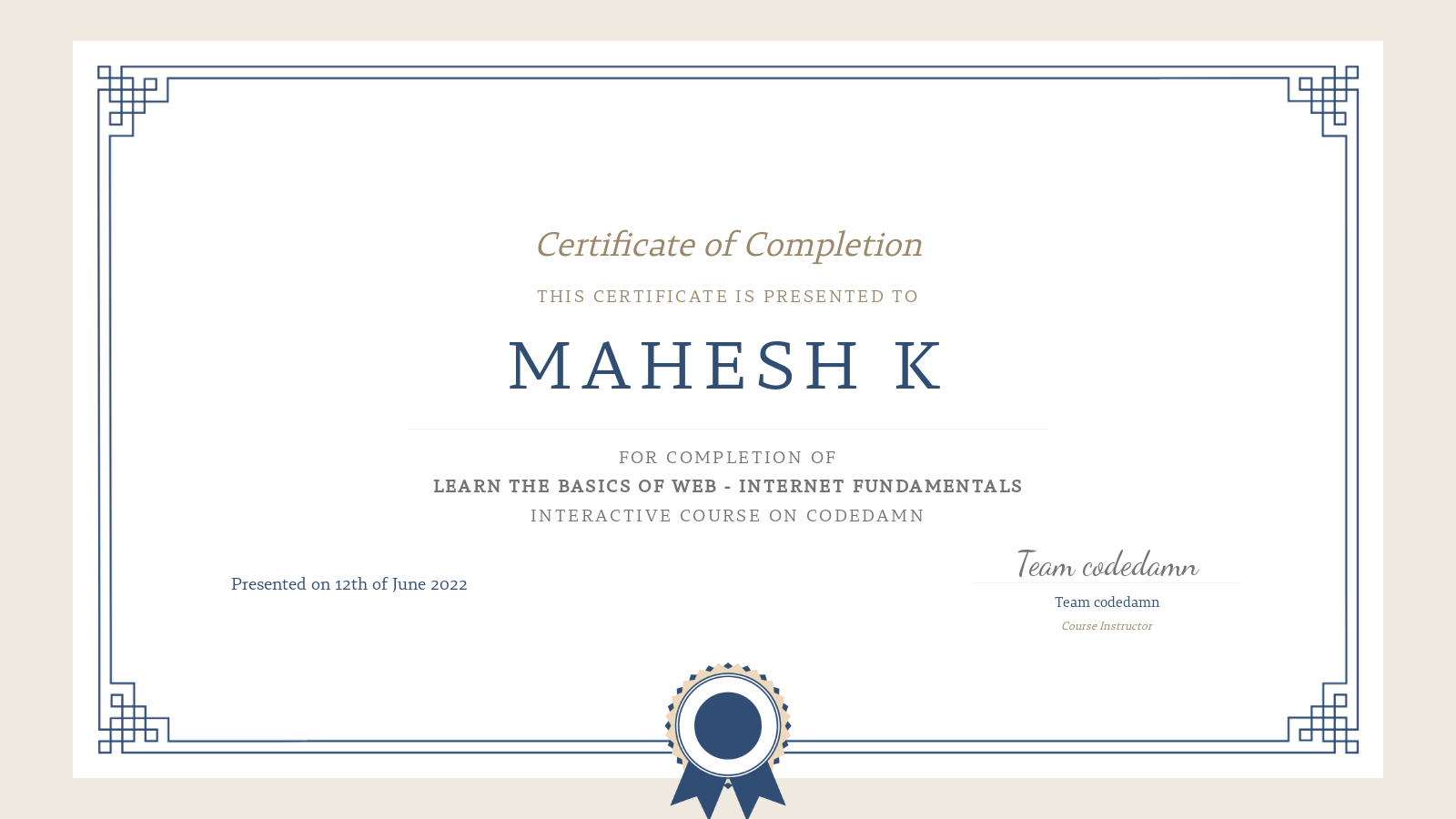 Mahesh Ks Certification For Learn The Basics Of Web Internet Fundamentals Codedamn 2641