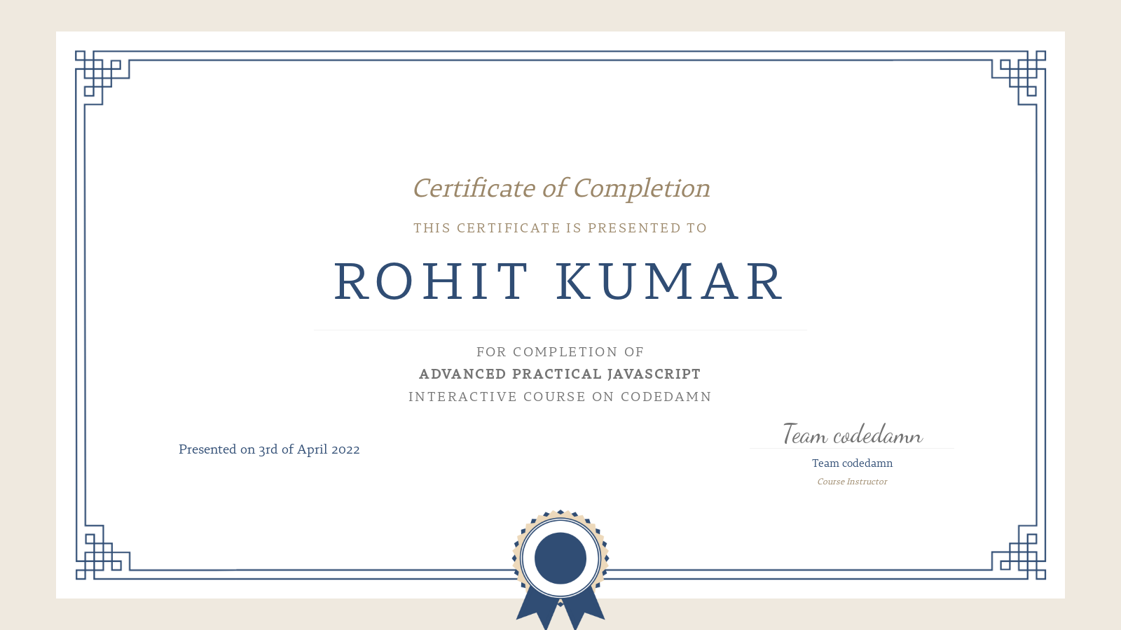 Rohit Kumar's certification for Advanced Practical JavaScript | codedamn