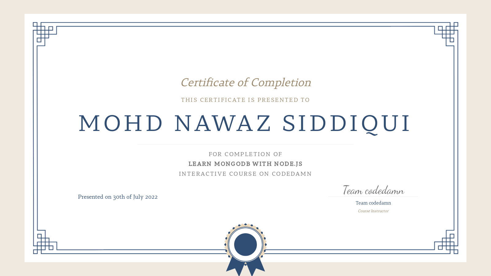 Mohd Nawaz Siddiqui's certification for Learn MongoDB with Node.js | codedamn
