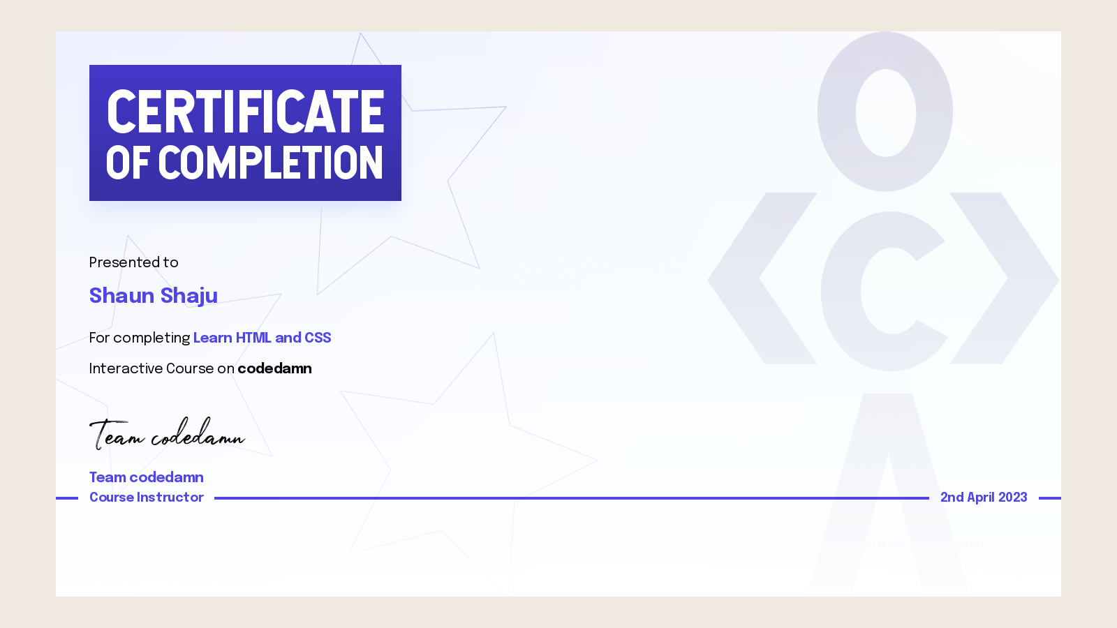 Shaun Shaju's certification for Learn HTML and CSS [2024 Ready] | codedamn