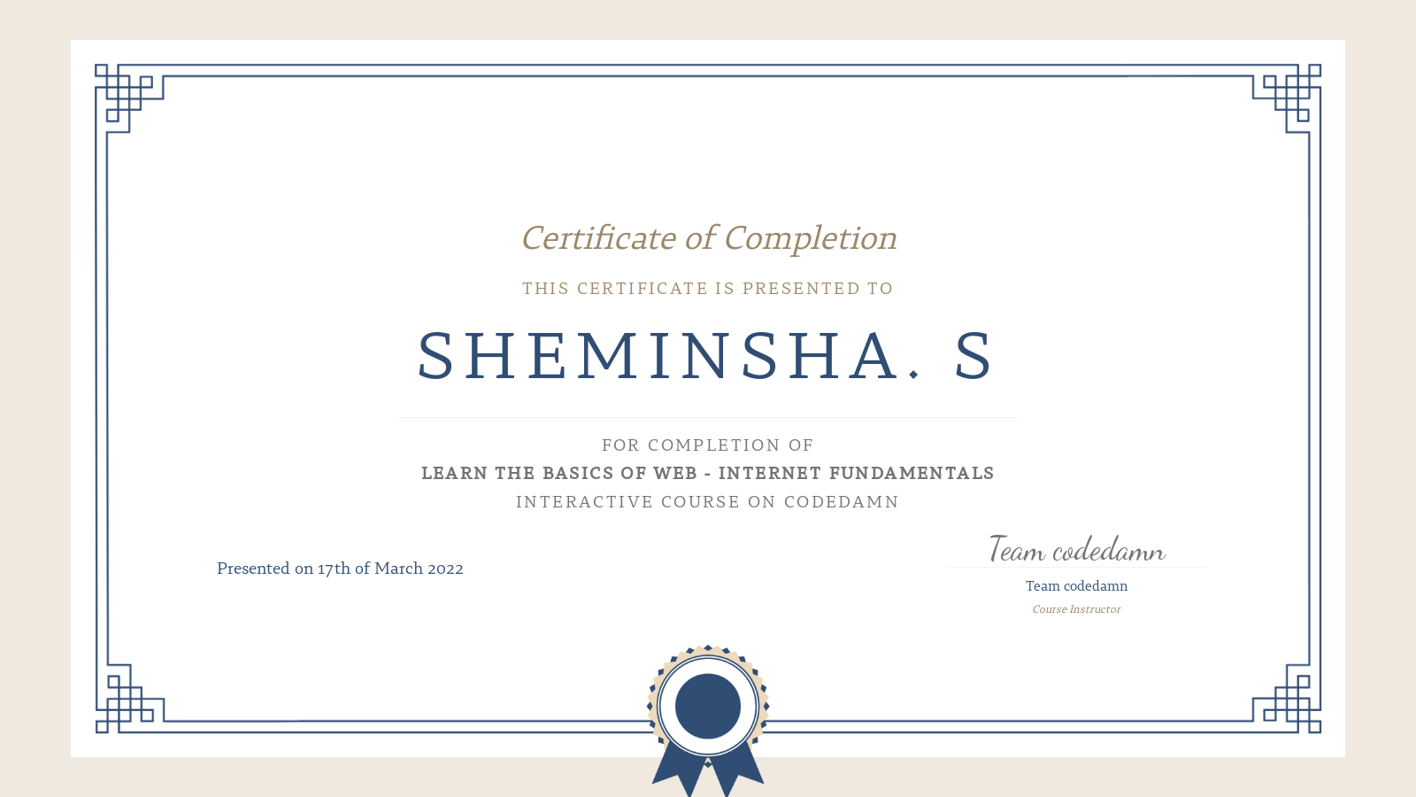 Sheminsha S S Certification For Learn The Basics Of Web Internet Fundamentals Codedamn