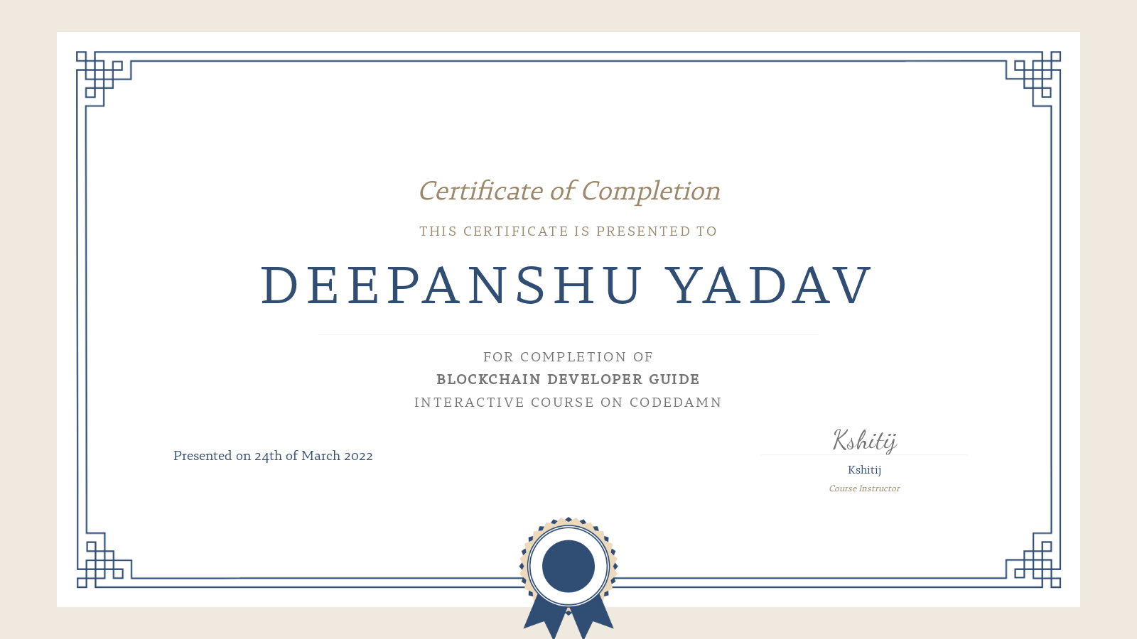 Deepanshu yadav's certification for Blockchain Developer Guide | codedamn
