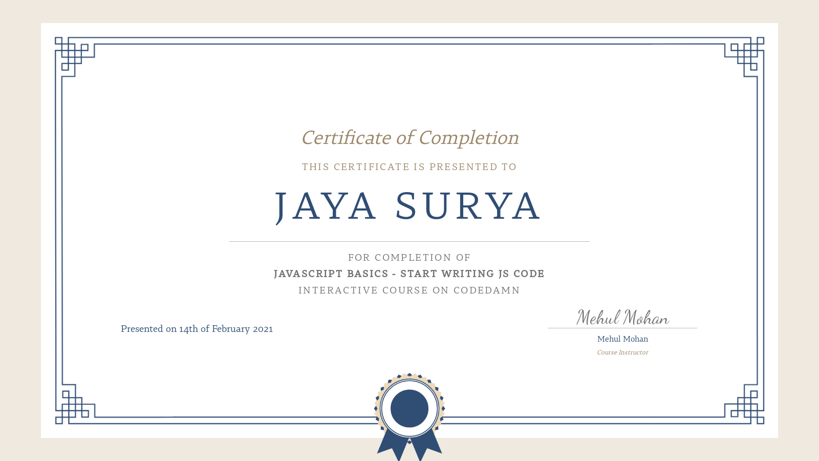 Jaya surya's certification for Learn JavaScript Basics | codedamn