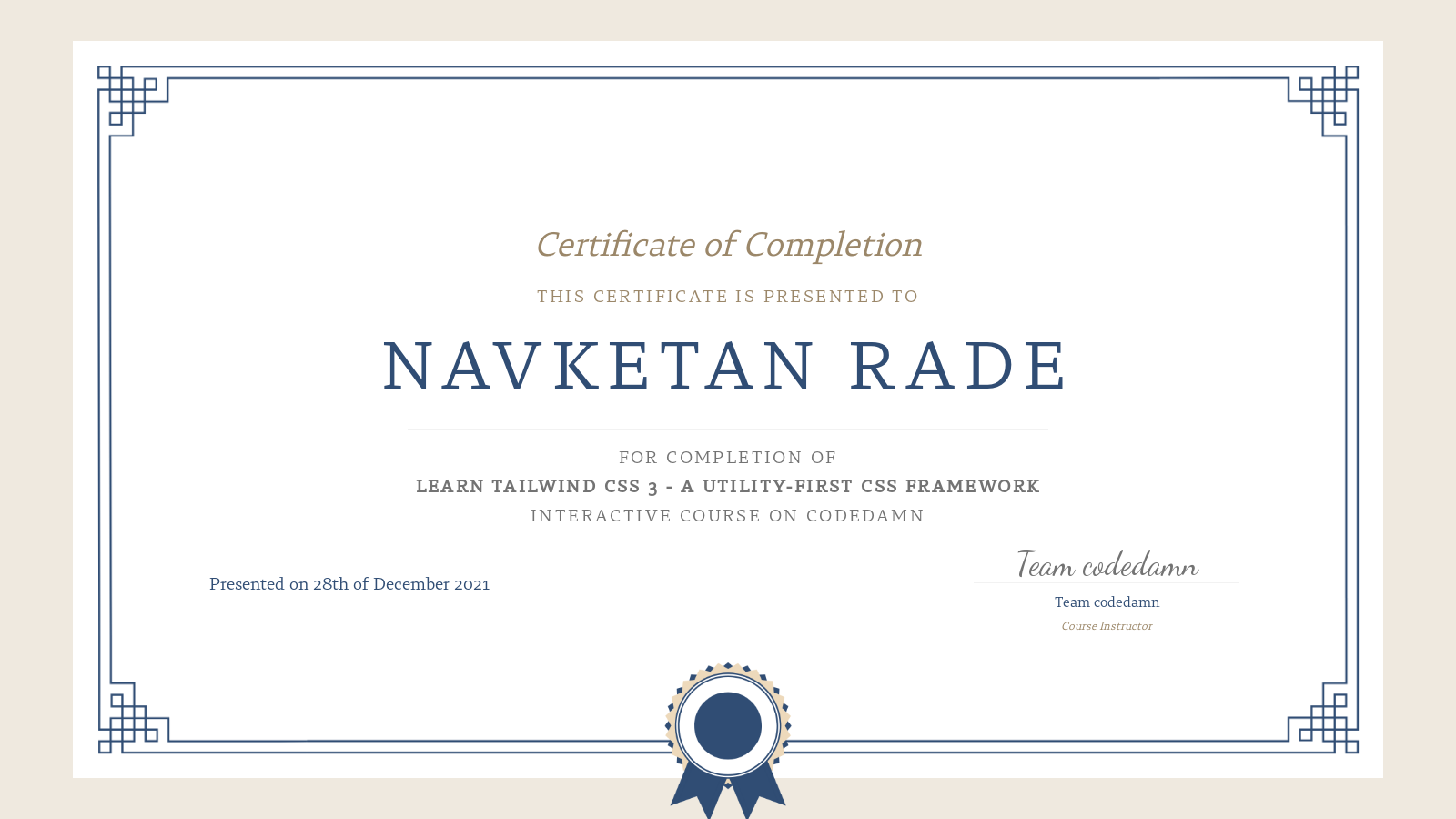 Navketan Rade's certification for Learn Tailwind CSS 3 - A utility ...