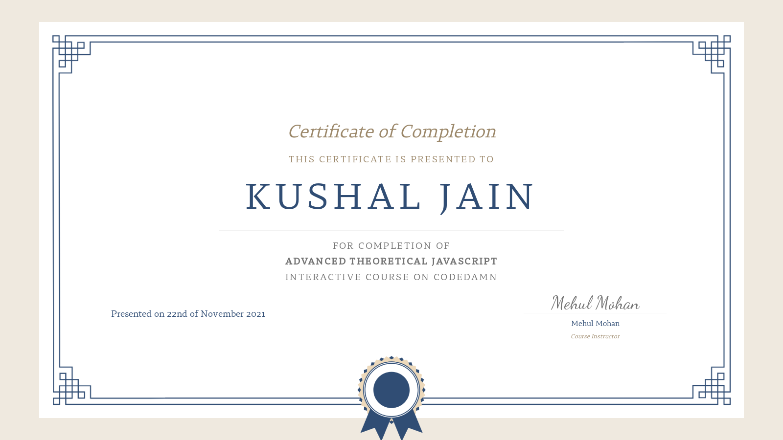 Kushal Jain's certification for Advanced Theoretical JavaScript | codedamn