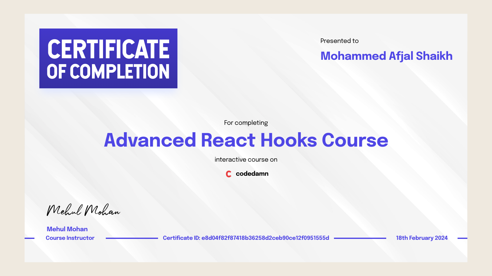 Mohammed Afjal Shaikh's certification for Advanced React Hooks Course | codedamn