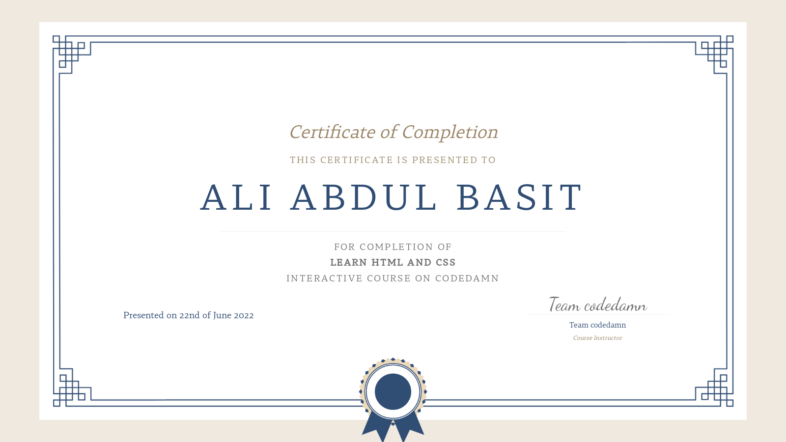 Ali Abdul Basits Certification For Learn Html And Css 2023 Ready Codedamn