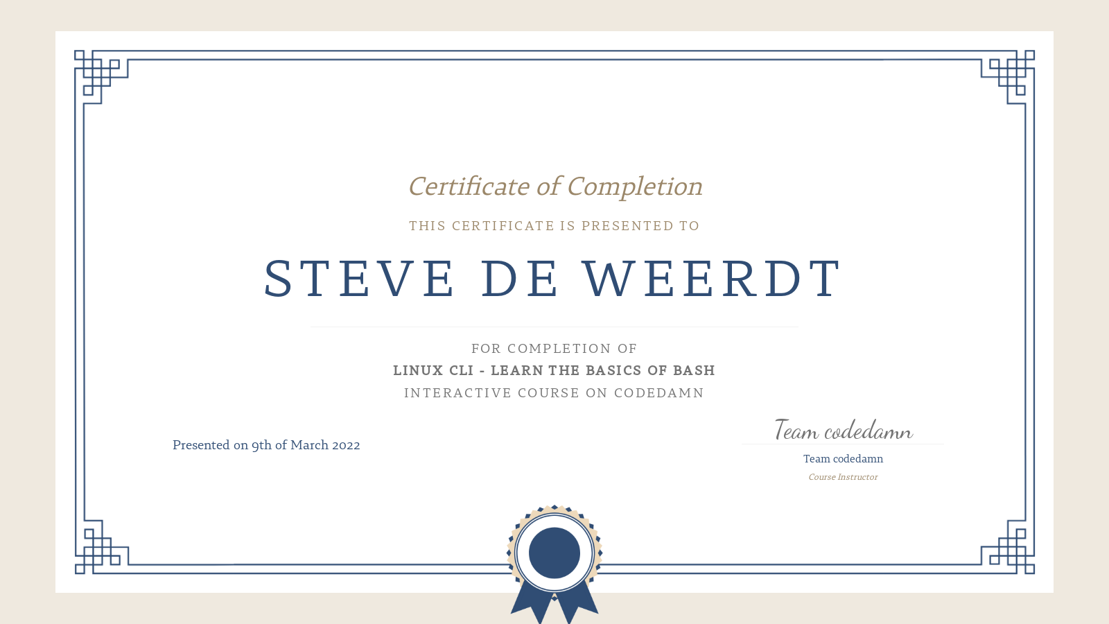 Steve De Weerdts Certification For Linux Cli Learn The Basics Of Bash Codedamn 4473