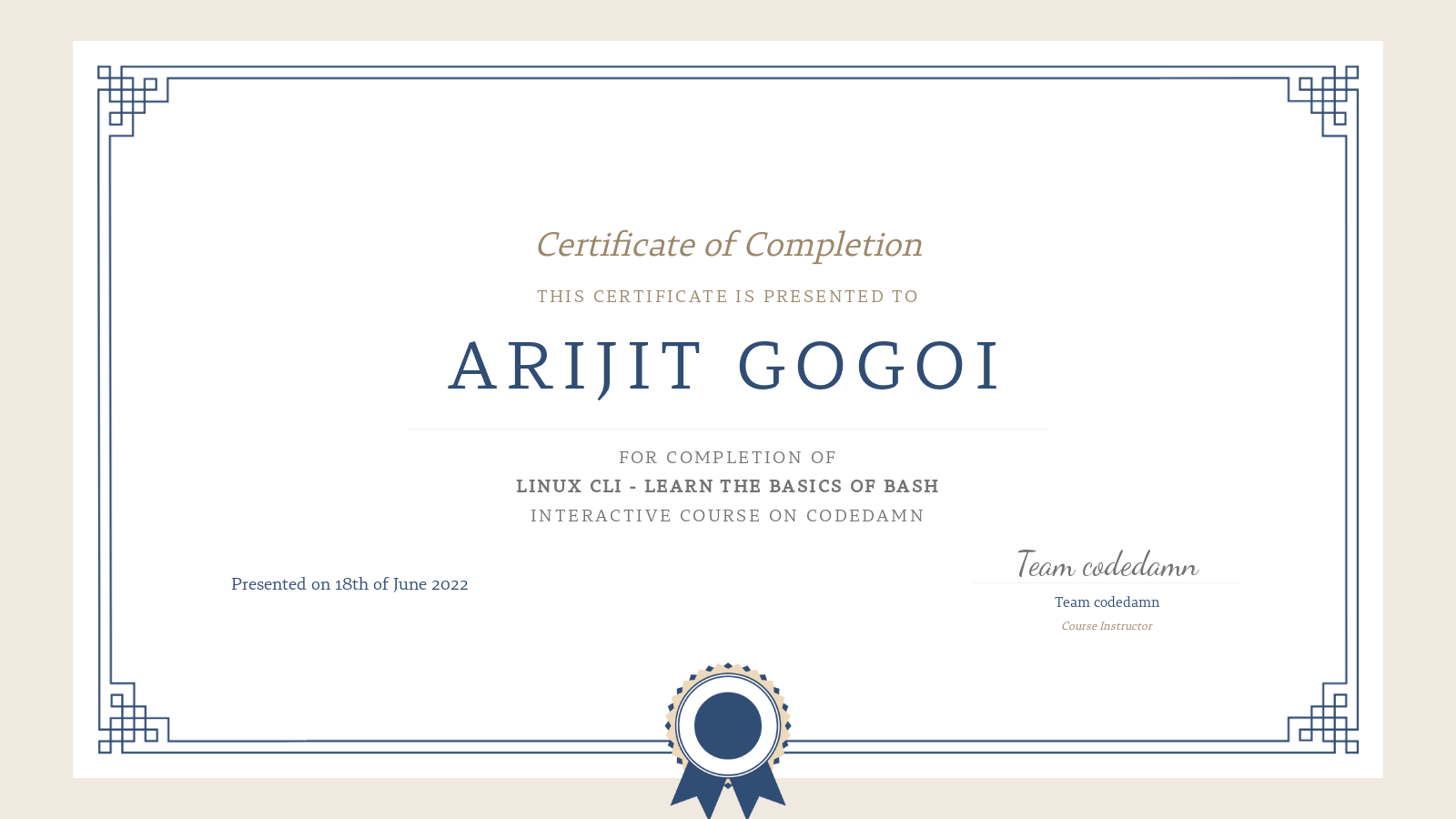 Arijit Gogois Certification For Linux Cli Learn The Basics Of Bash Codedamn 0468
