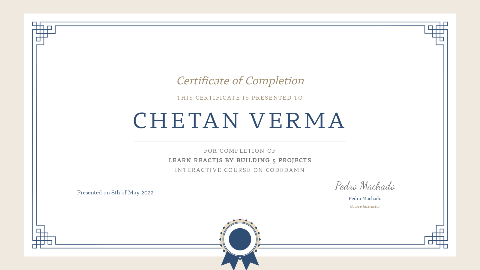 Chetan Vermas Certification For Learn Reactjs By Building 5 Projects Codedamn 