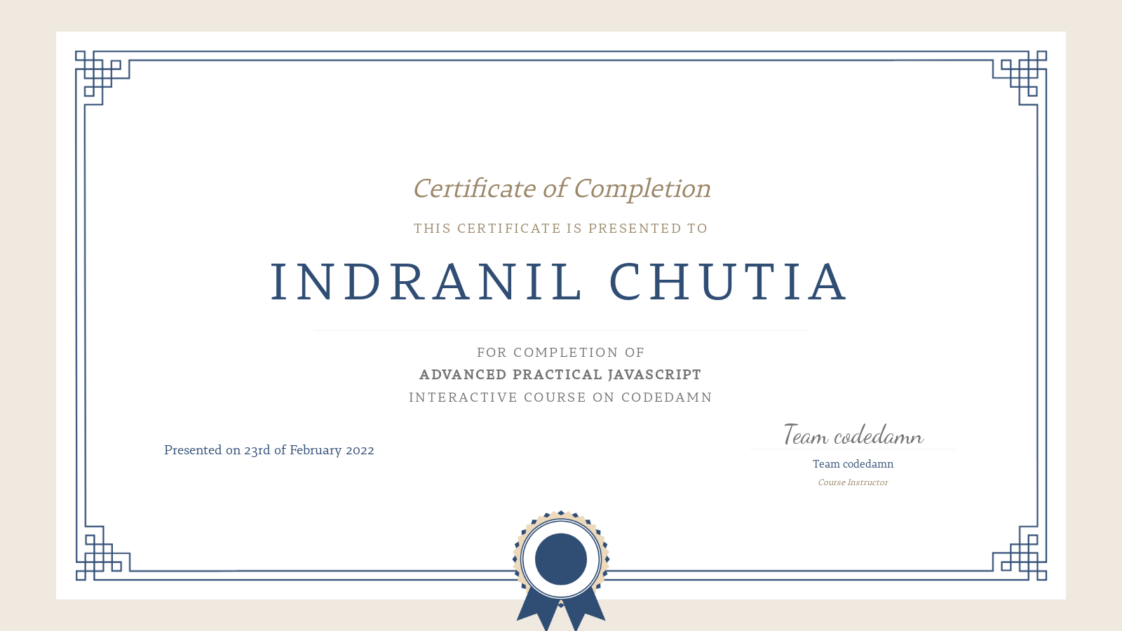 Indranil Chutia's certification for Advanced Practical JavaScript | codedamn