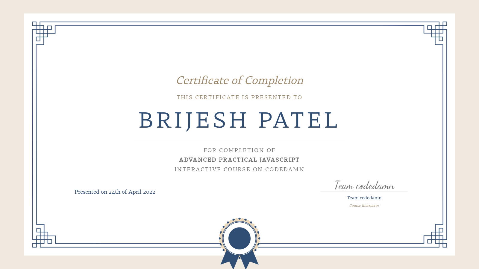 Brijesh Patels Certification For Advanced Practical Javascript Codedamn
