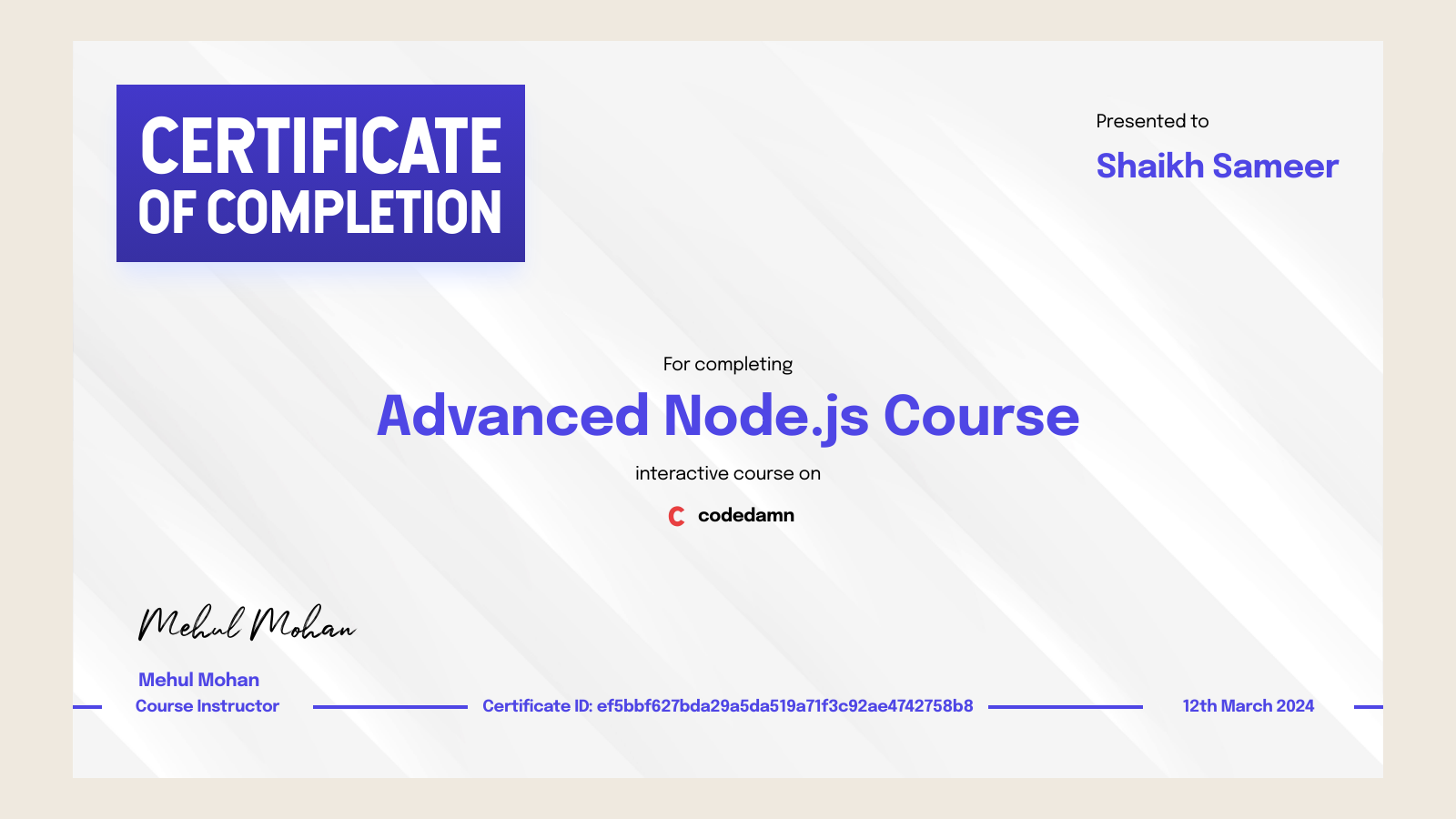 Shaikh Sameer's certification for Advanced Node.js Course | codedamn