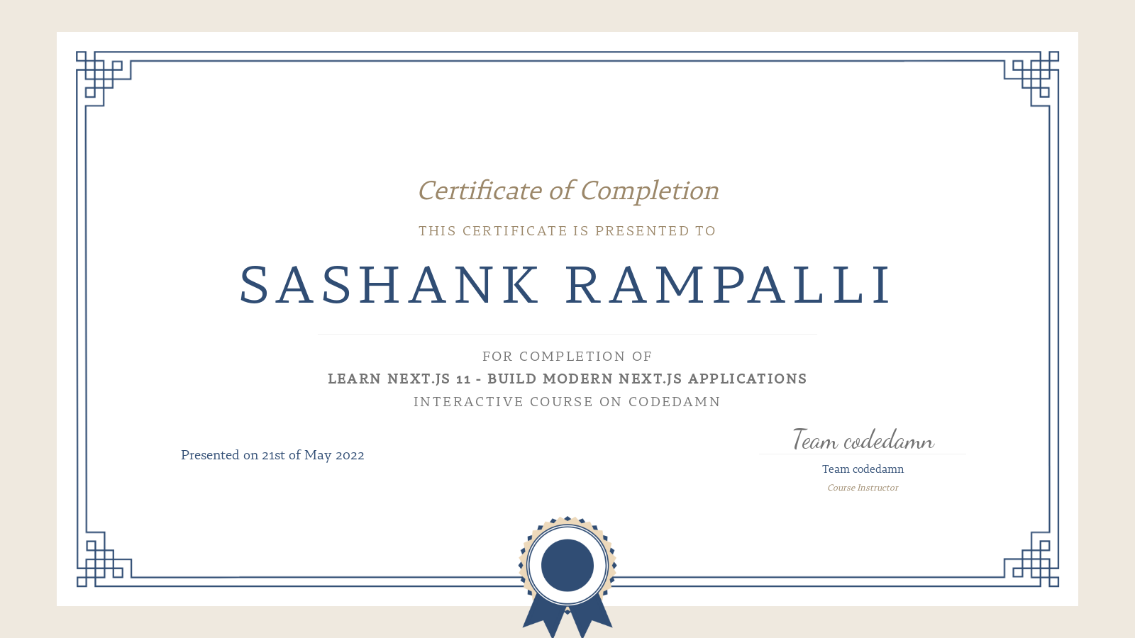 Sashank Rampallis Certification For Learn Nextjs 11 Build Modern Nextjs Applications Codedamn 