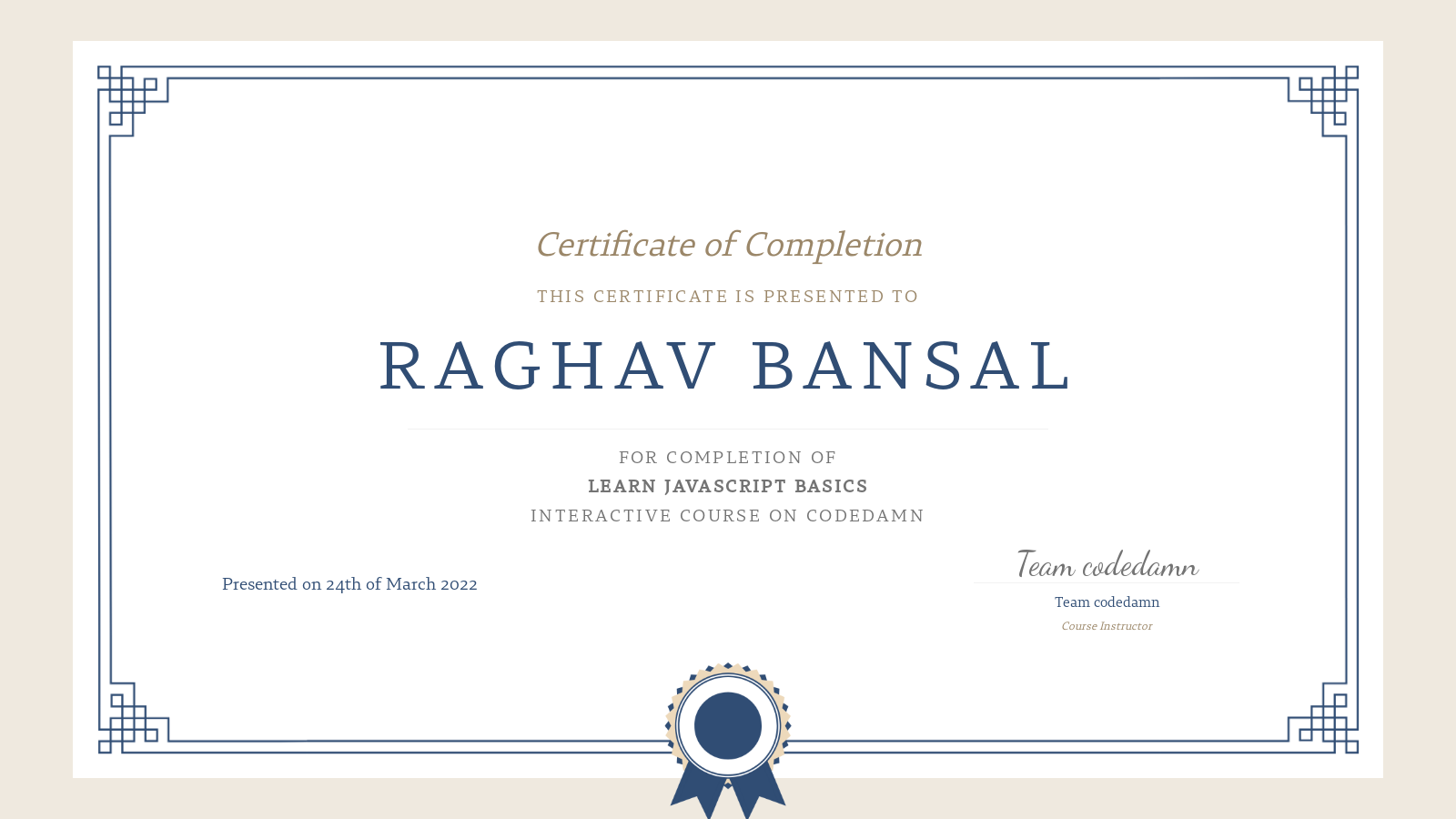 Raghav Bansals Certification For Learn Javascript Basics Codedamn