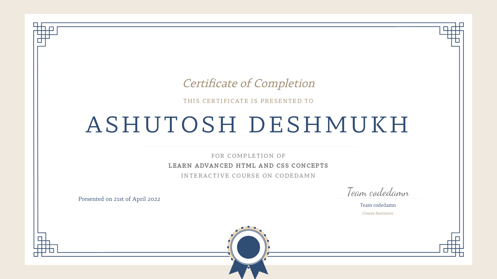 Ashutosh Deshmukh's certification for Learn Advanced HTML and CSS Concepts [Updated - 2023 ...