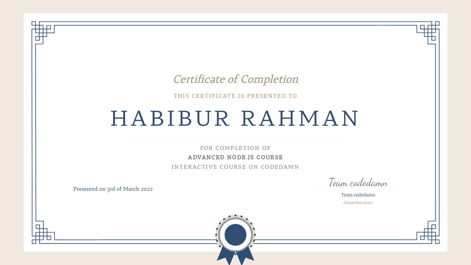 Habibur Rahmans Certification For Advanced Nodejs Course Codedamn