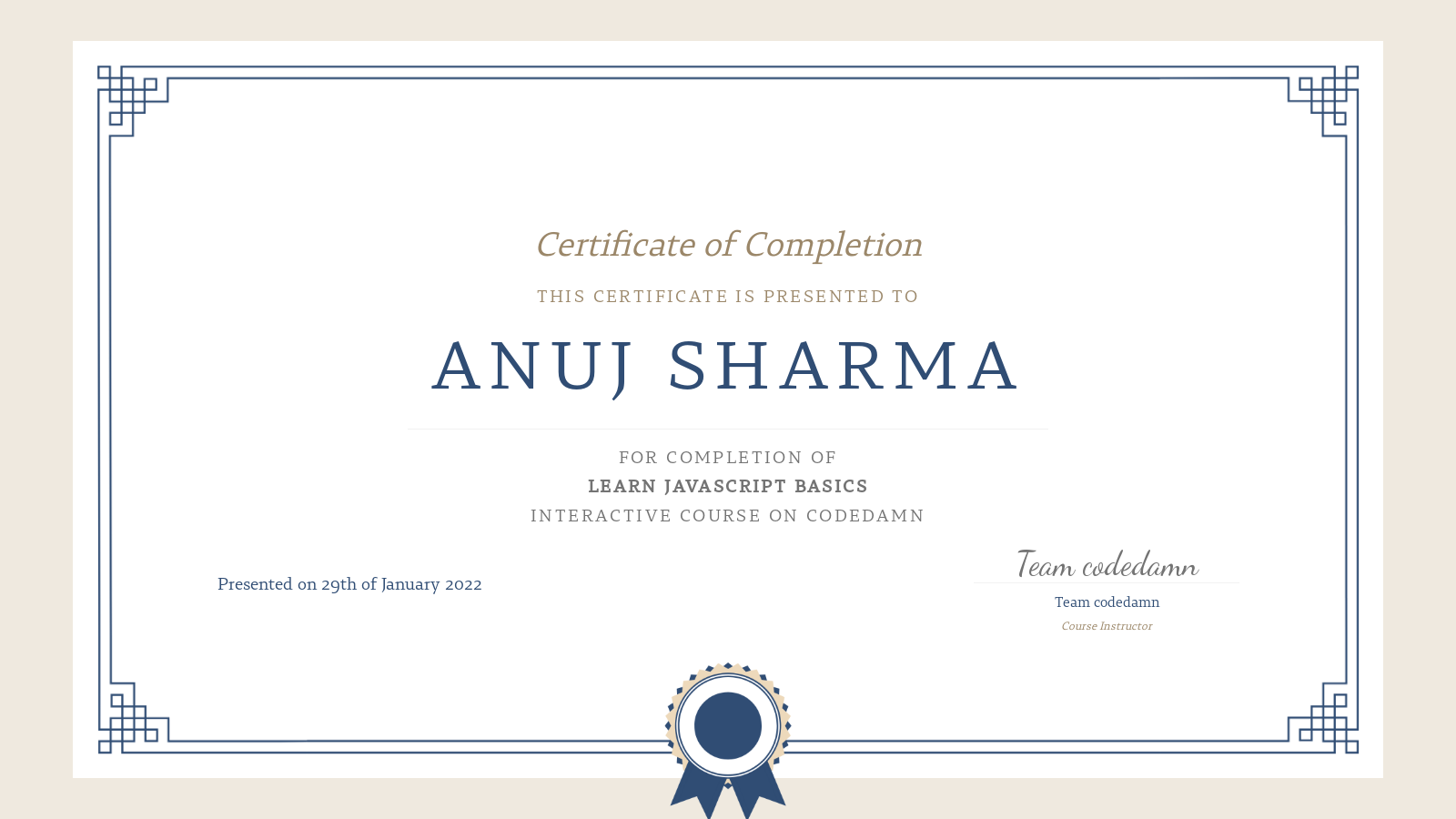 Anuj Sharma's certification for Learn JavaScript Basics | codedamn